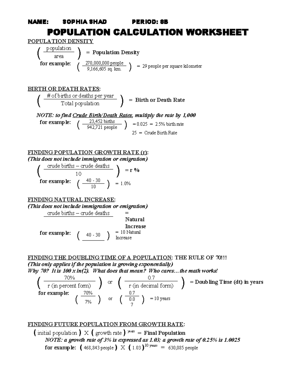 IB Environmental Studies Topic 8.1: Population Calculation Worksheet ...