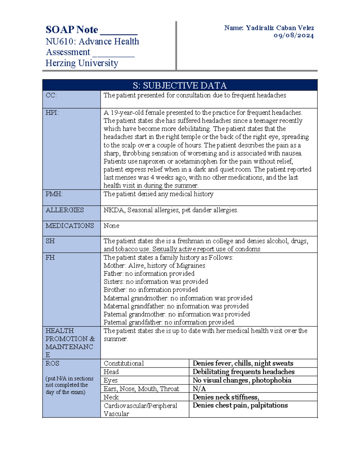 NU610 Case Study 1: SOAP Note on Migraine Assessment and Plan - Studocu