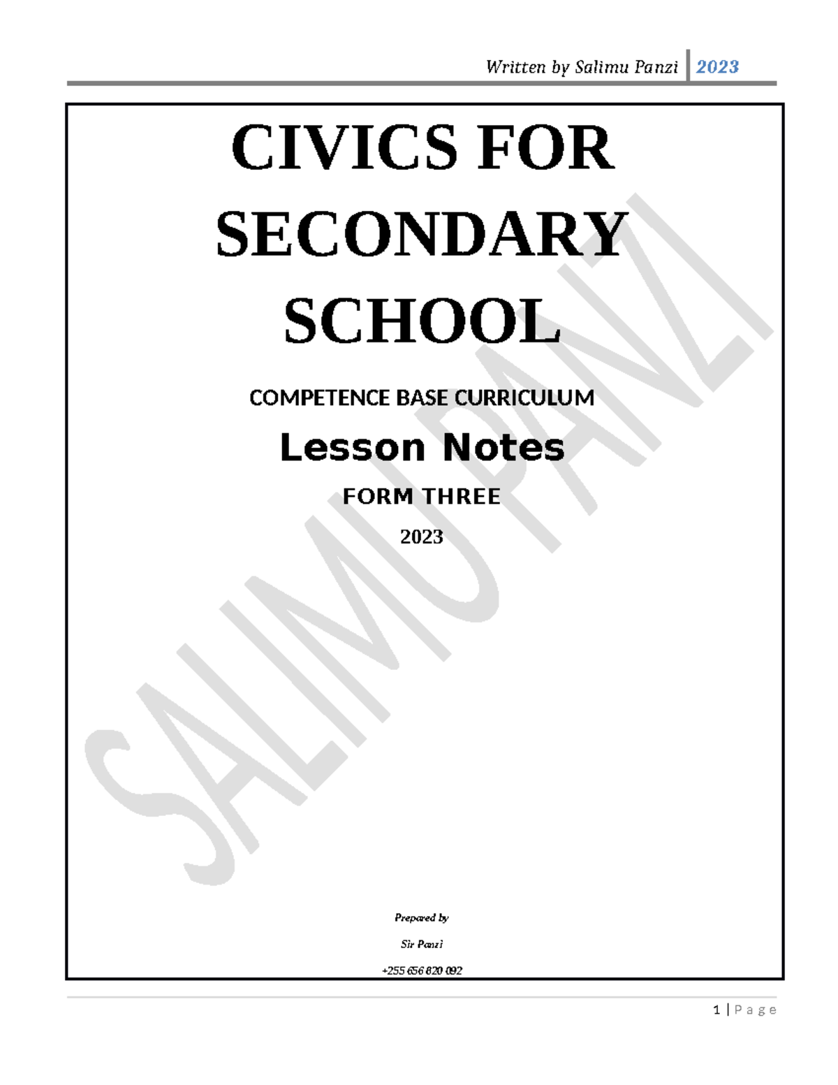 CIVICS FOR SECONDARY SCHOOL: FORM THREE Lesson Notes on Life Skills and ...