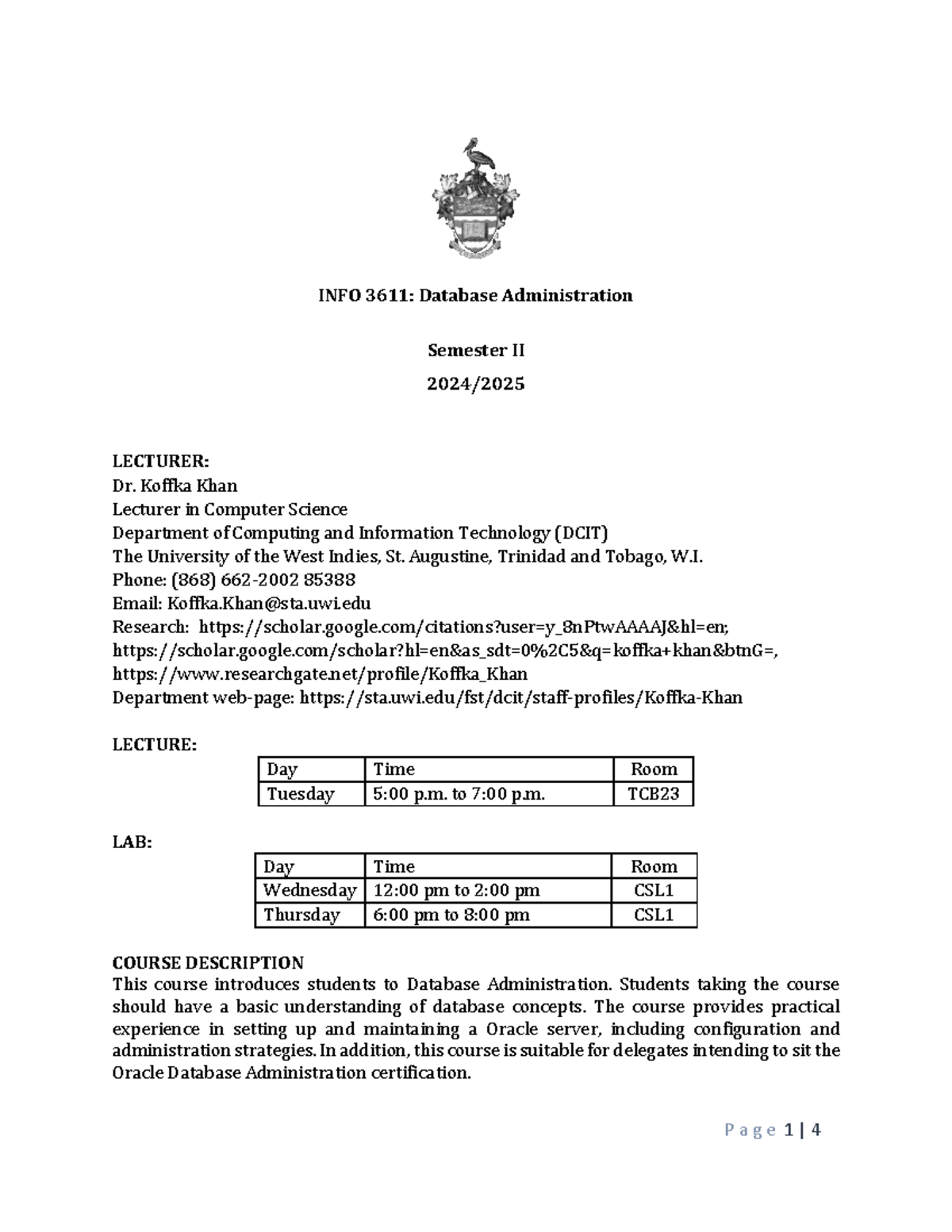 INFO3611 S2 2024 Database Administration Course Outline - Studocu