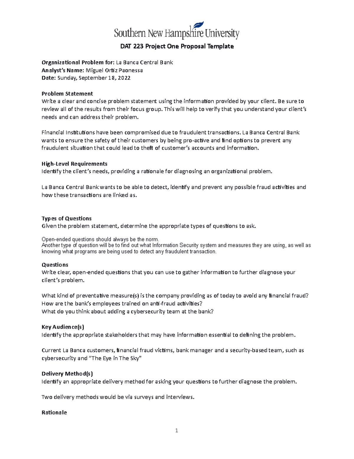 DAT 223 Project One Proposal: Fraud Prevention for La Banca Central ...