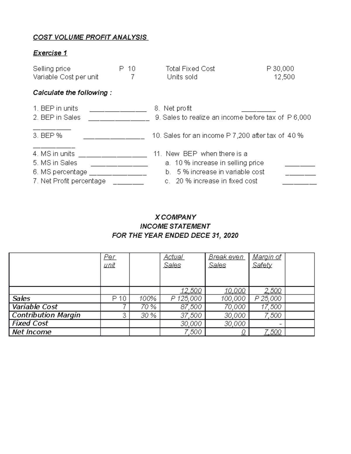 Cost Volume Profit Practice Analysis Exercises - COST VOLUME PROFIT ...