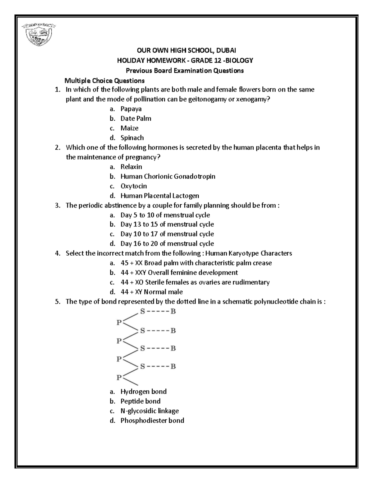 Holiday Homework - Grade 12 Biology 2025: Previous Years CBSE MCQs ...