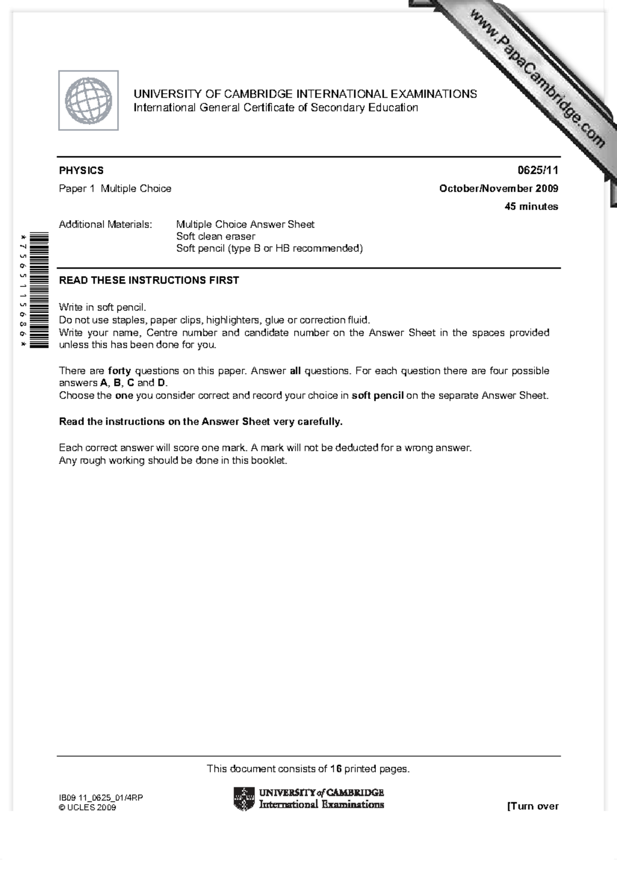 2009 IGCSE PHYSICS Paper 1 Multiple Choice Practice Exam - Studocu
