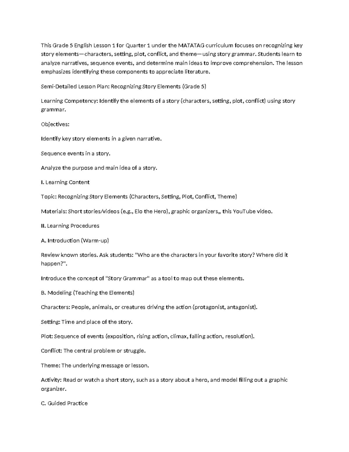 Grade 5 English Lesson 1: Recognizing Story Elements (MATATAG) - Studocu