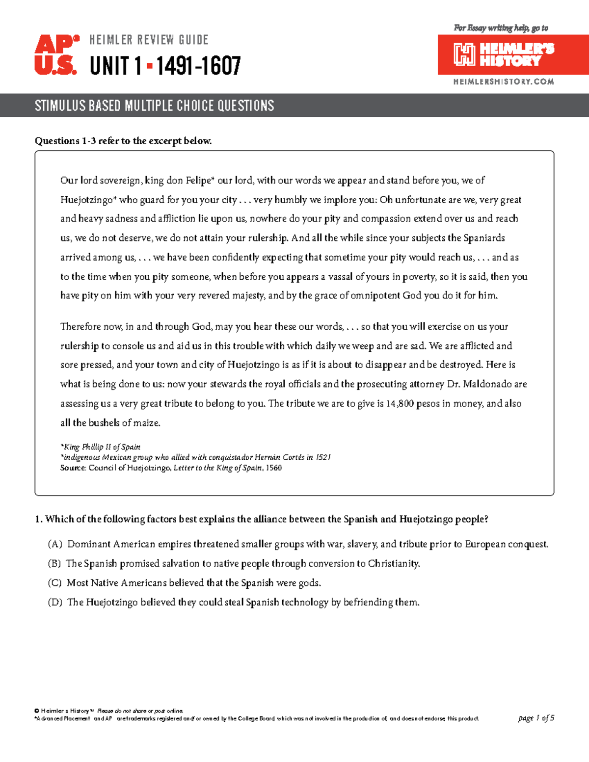 HEIMLER REVIEW GUIDE: AP US HISTORY UNIT 1 MCQs & EXCERPTS ANALYSIS ...