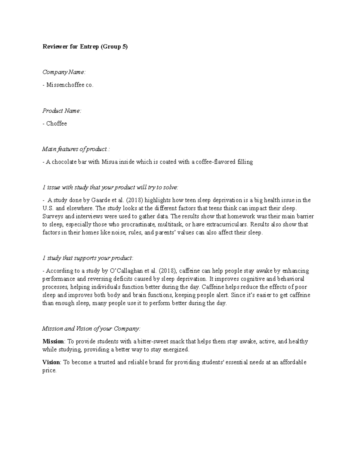 Reviewer for Entrep (Group 5) - Missenchoffee Co. Product Overview ...