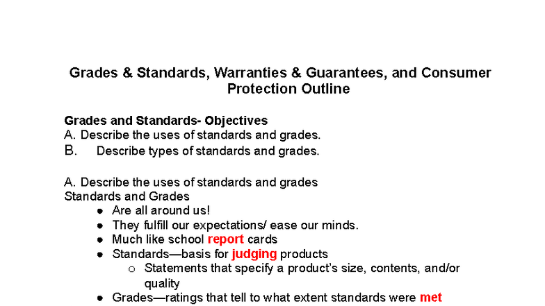 GS WG: Consumer Protection, Standards, and Warranties Outline - Studocu
