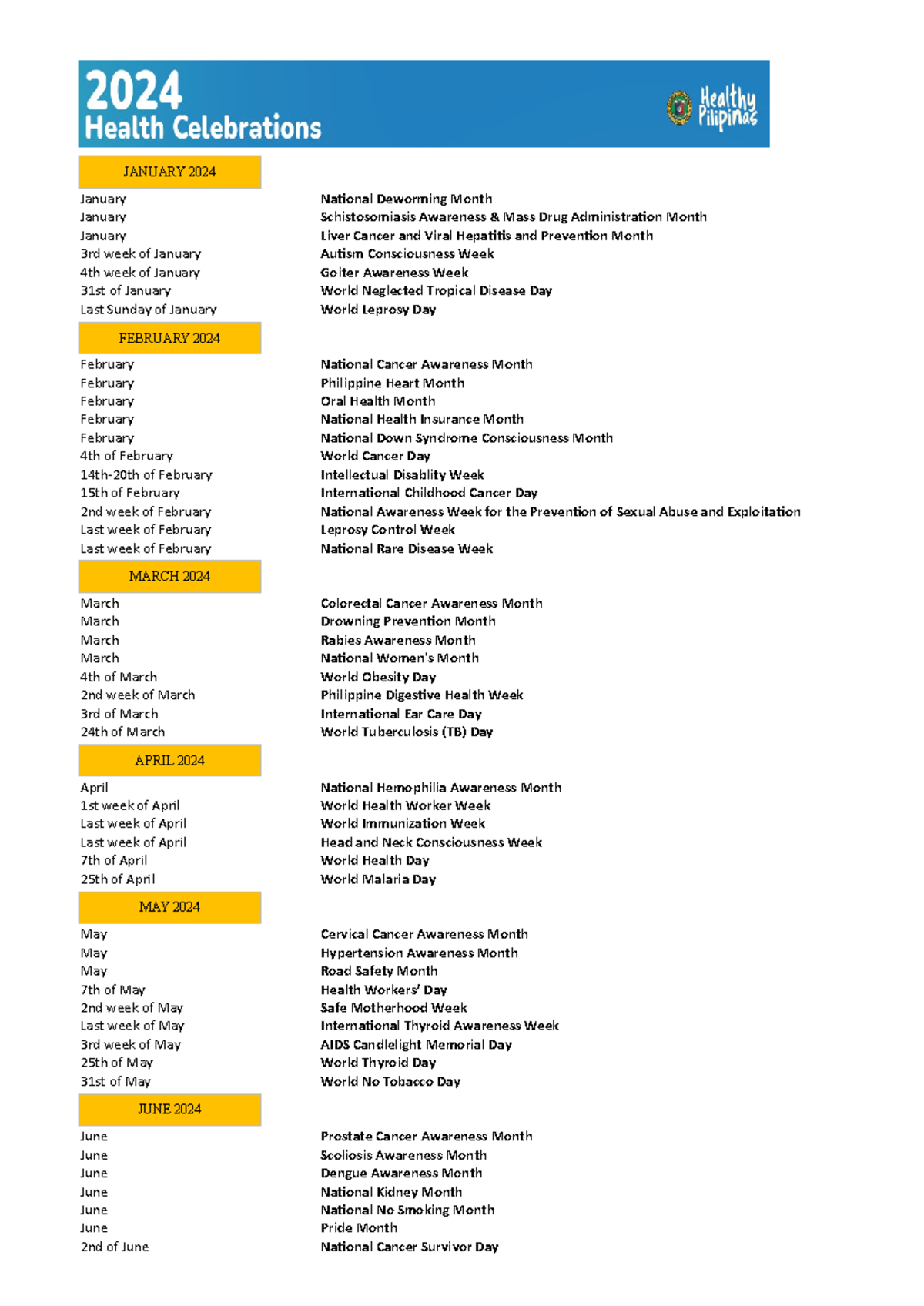 DOH Health Awareness Calendar (Jan - Oct 2024) - Studocu