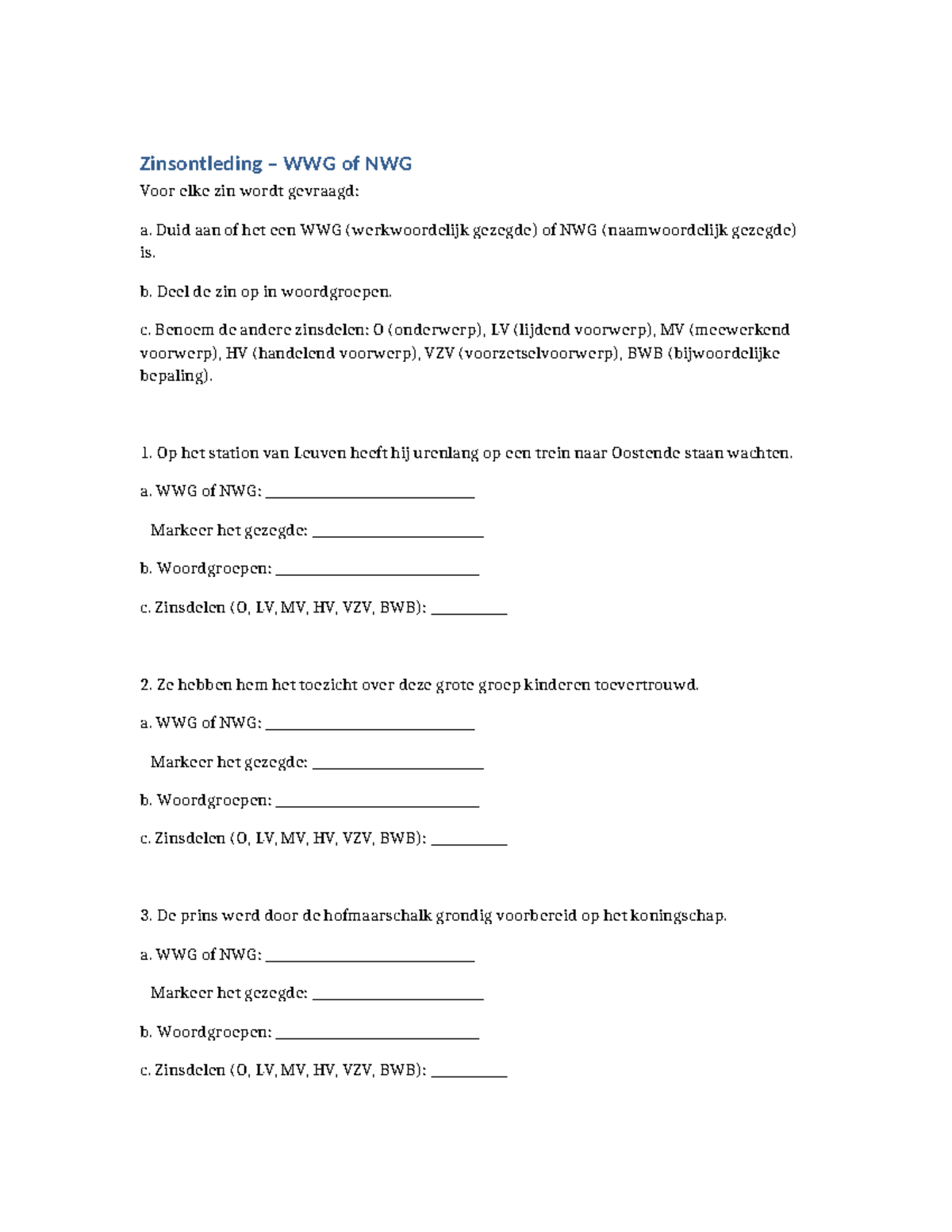 Zinsontleding WWG en NWG: Analyse en Structuur - Studeersnel