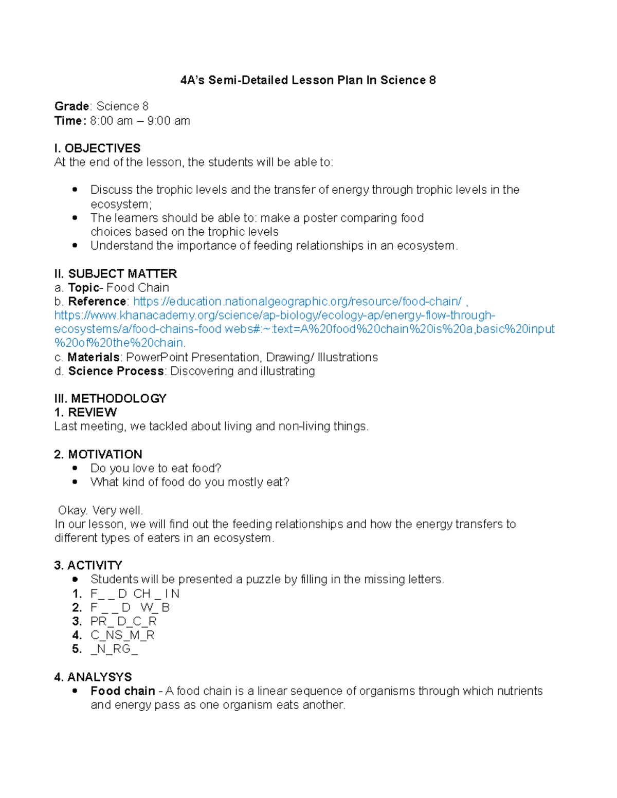 Science 8: Semi-Detailed 4A's Lesson Plan on Food Chain & Ecosystems ...