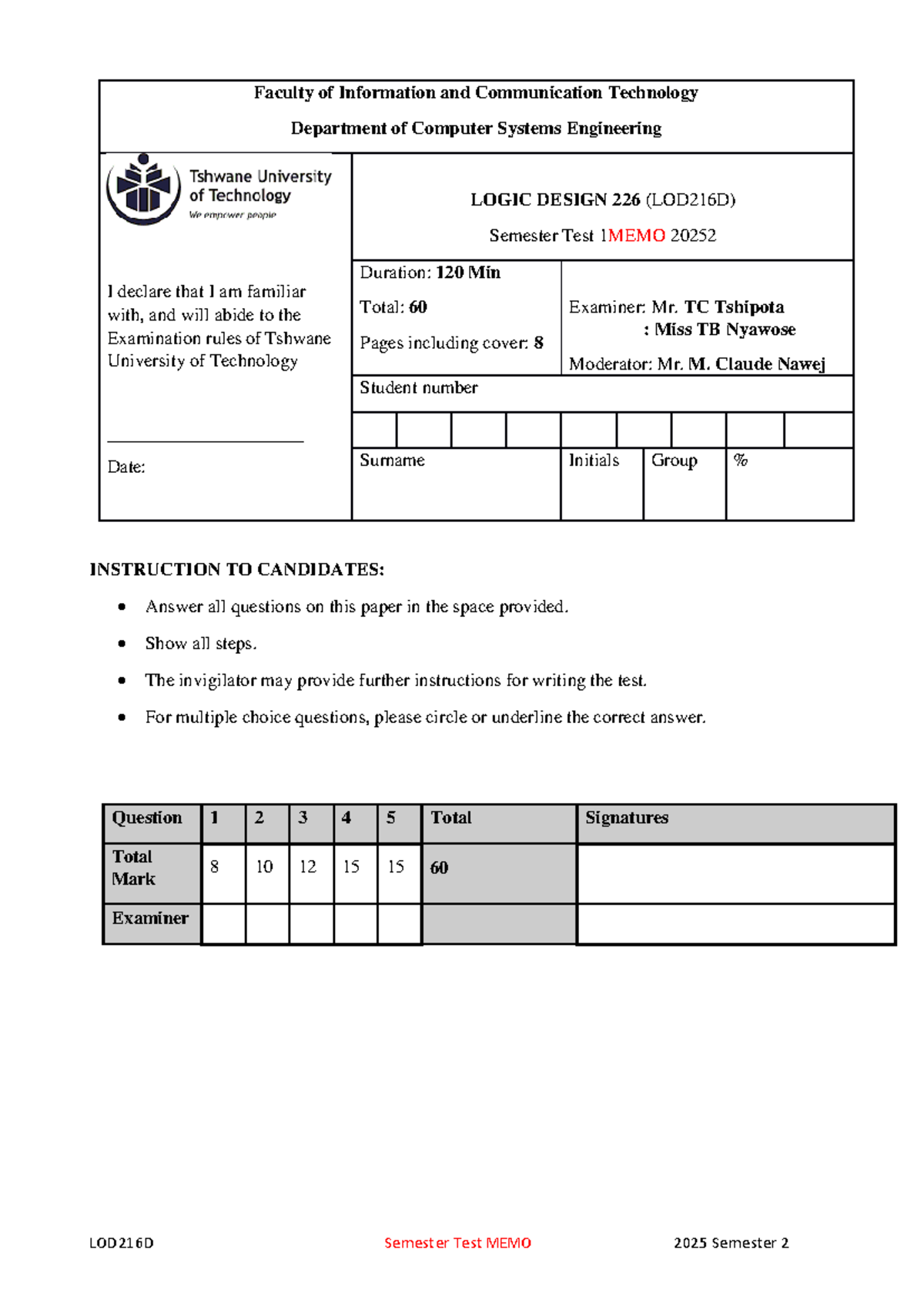 ST1 LOD216D - Logic Design Semester Test 1 Memo 2025 - Studocu