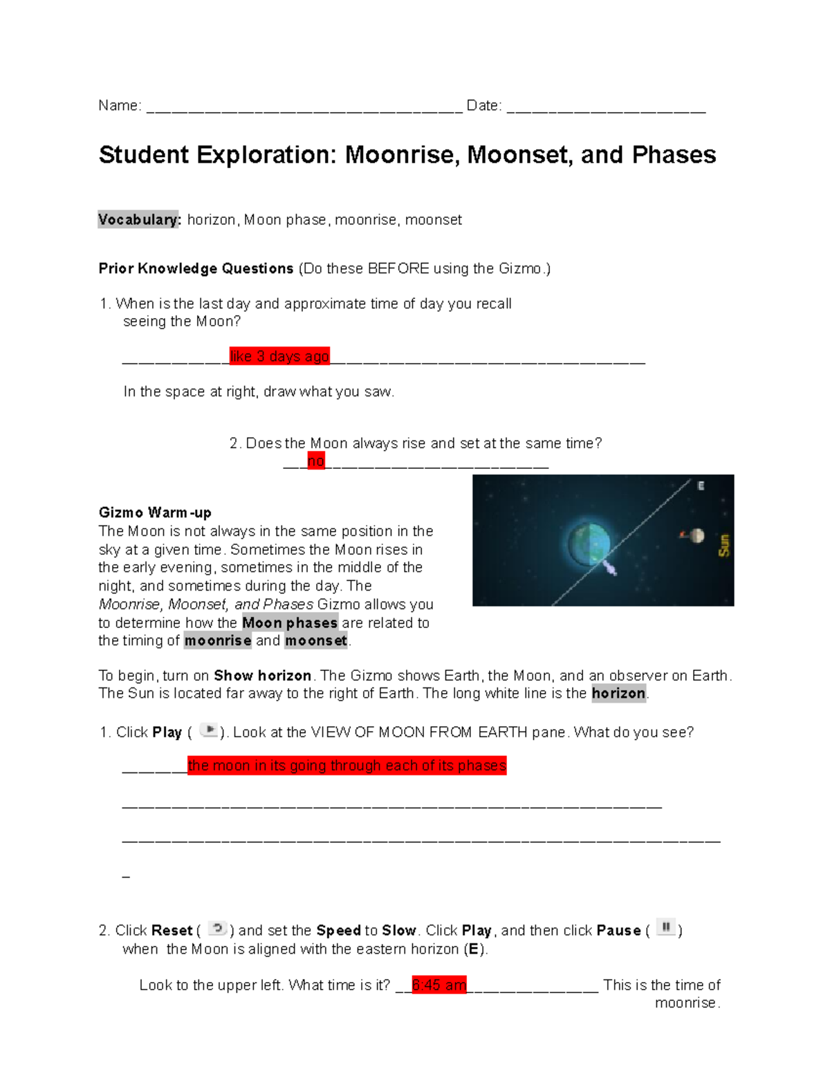 Student Exploration: Moonrise, Moonset & Phases SE Activity - Studocu