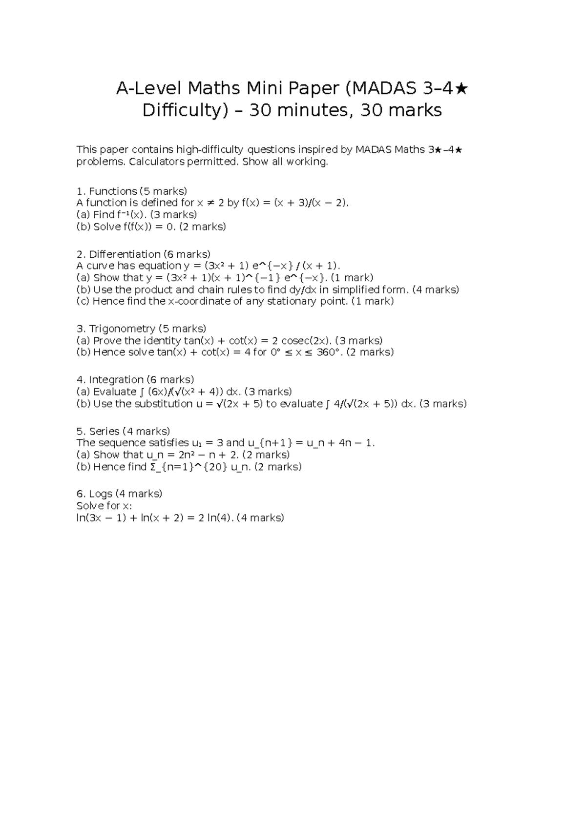 Maths Mini Paper (MADAS) - 30 mins, 30 marks Exam Guide - Studocu