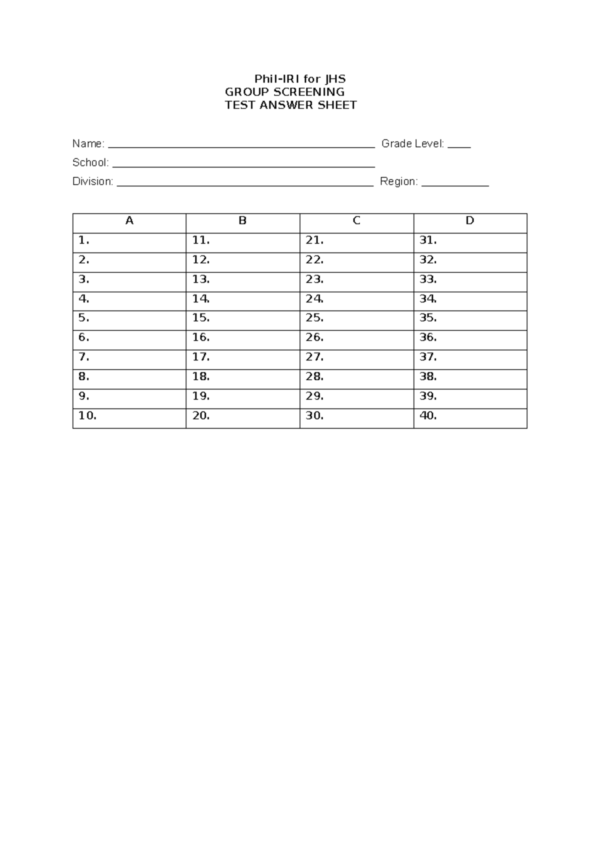 Phil-IRI Group Screening Test Answer Sheet for JHS Students - Studocu