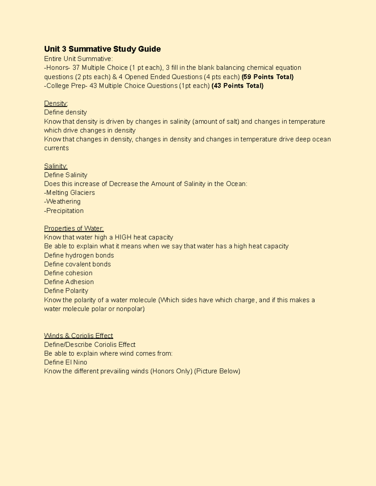 Unit 3 Summative Study Guide: Density, Salinity & Ocean Processes - Studocu