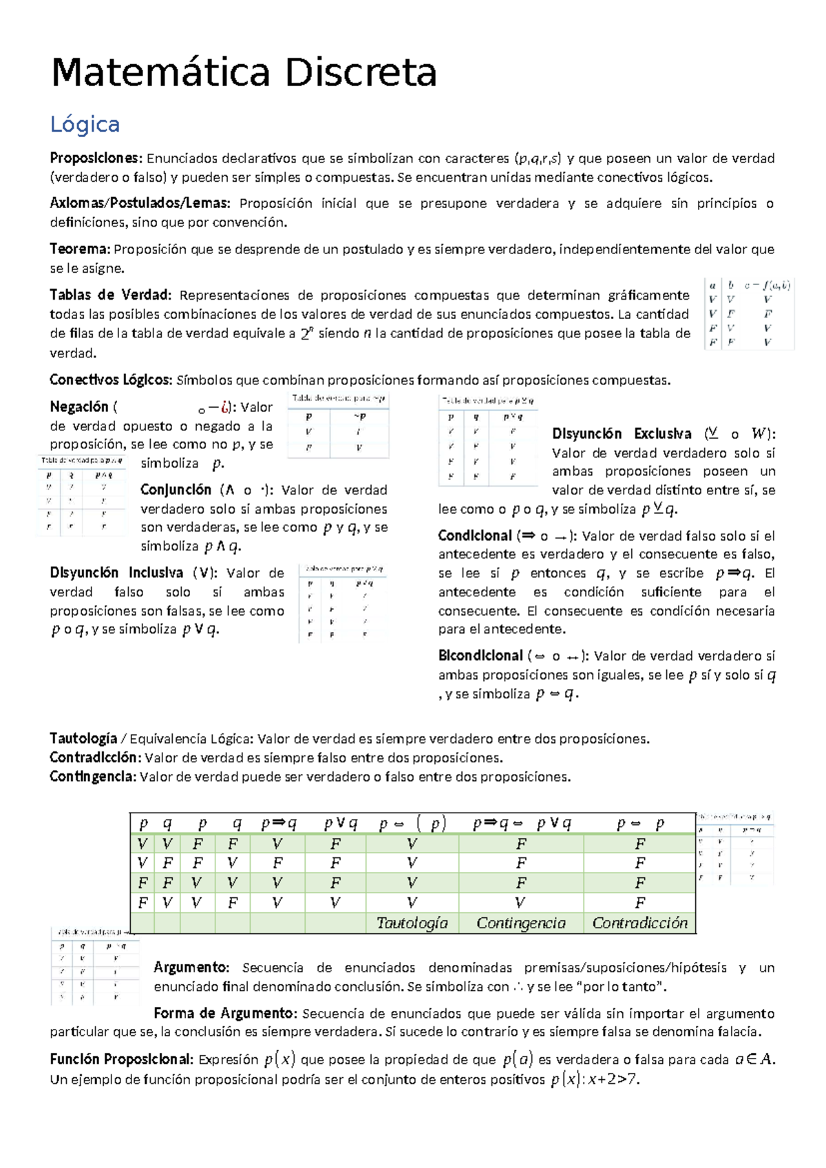 Matemática Discreta: Resumen de Lógica y Proposiciones - Studocu