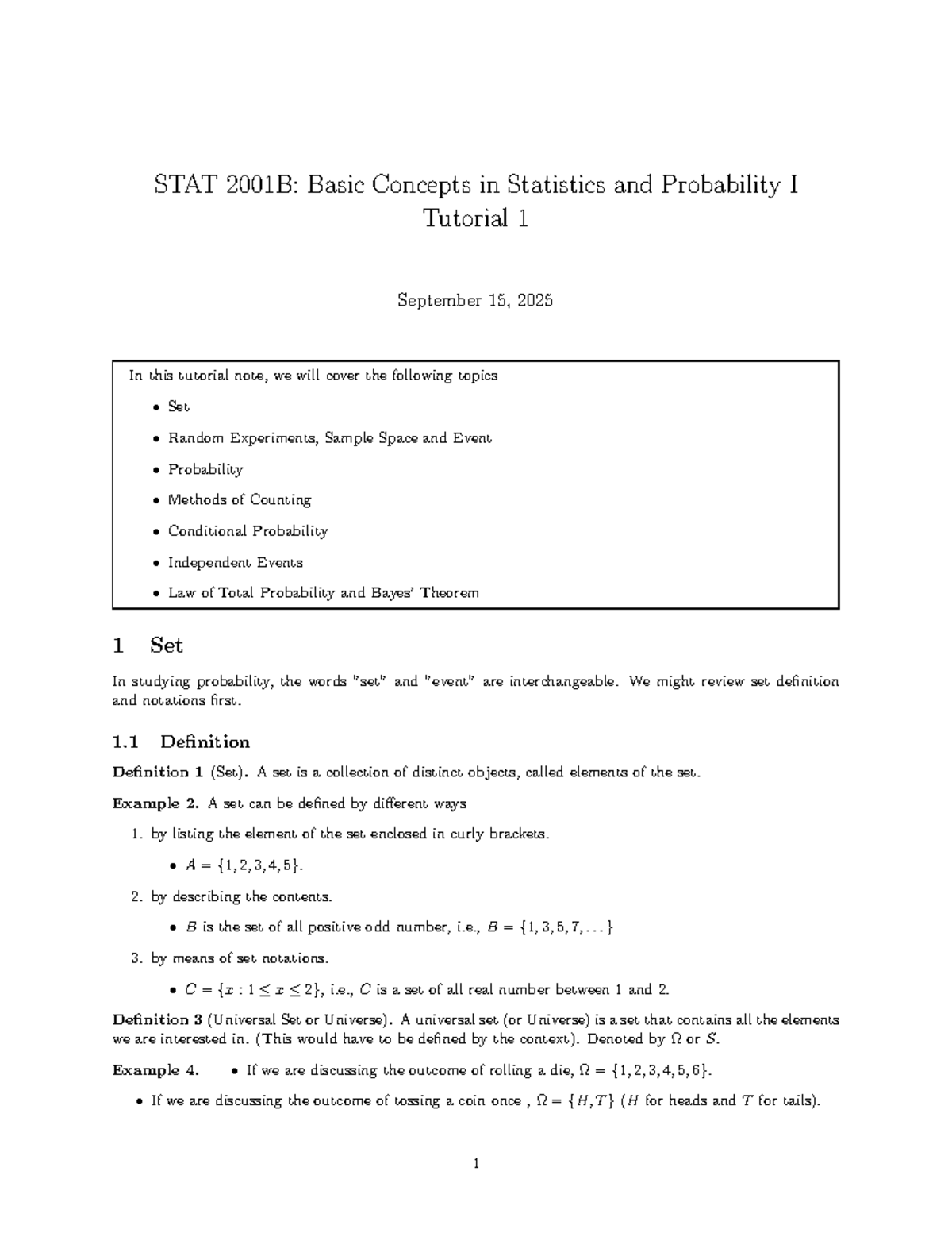STAT 2001B: Tutorial 1 - Basic Concepts in Statistics and Probability - Studocu