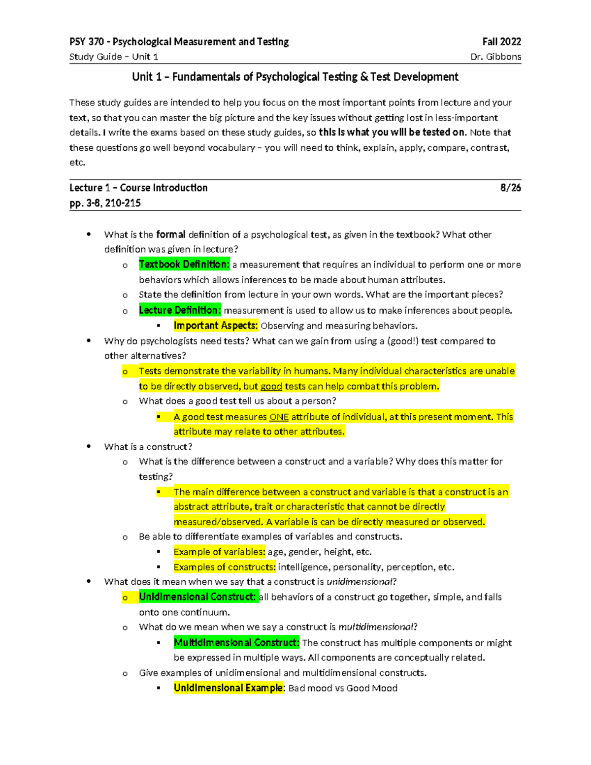 PSY 370 Study Guide: Psychological Measurement & Testing Unit 1 - Studocu