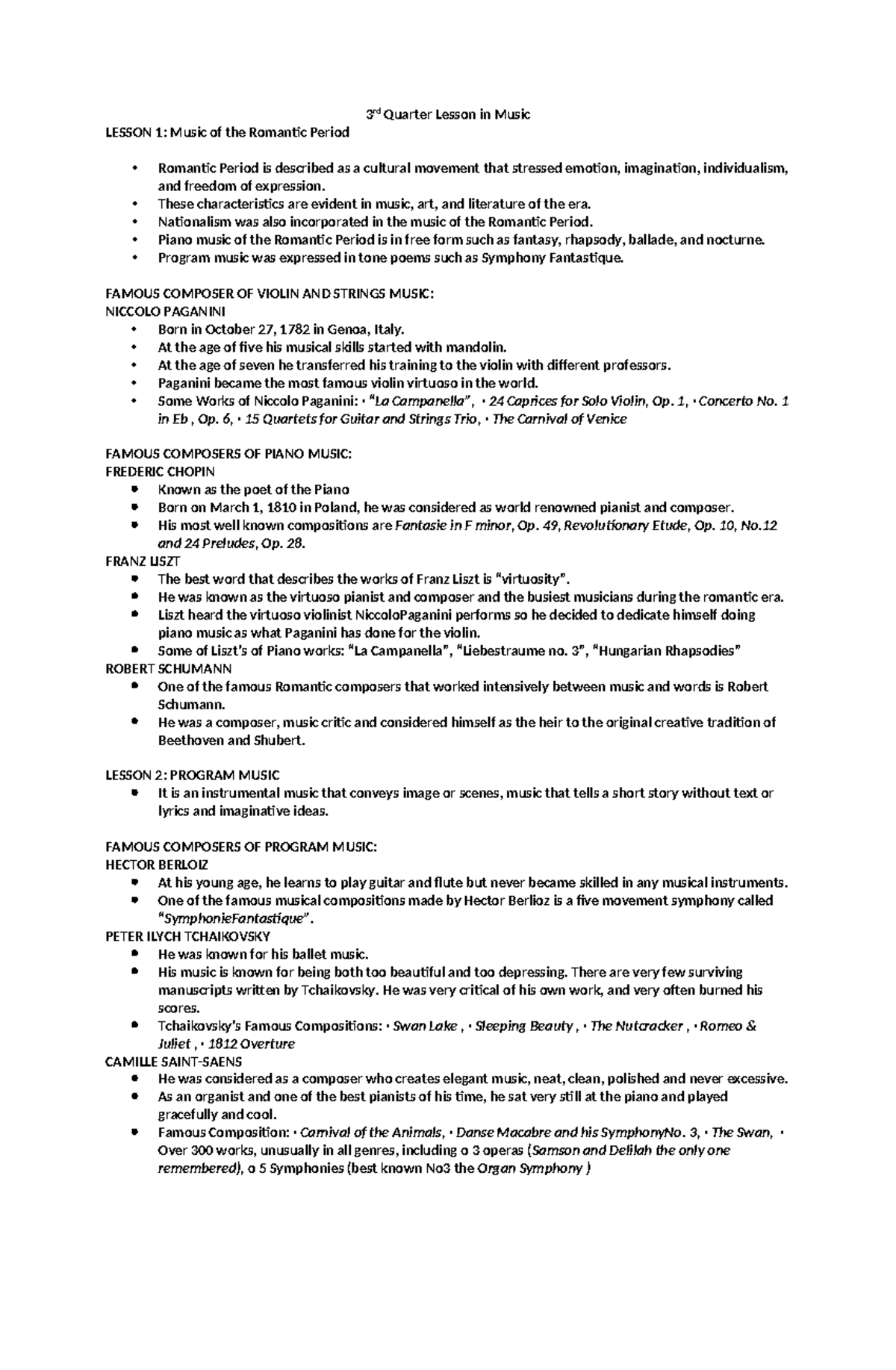 music lesson notes - 3 rd Quarter Lesson in Music LESSON 1: Music of ...