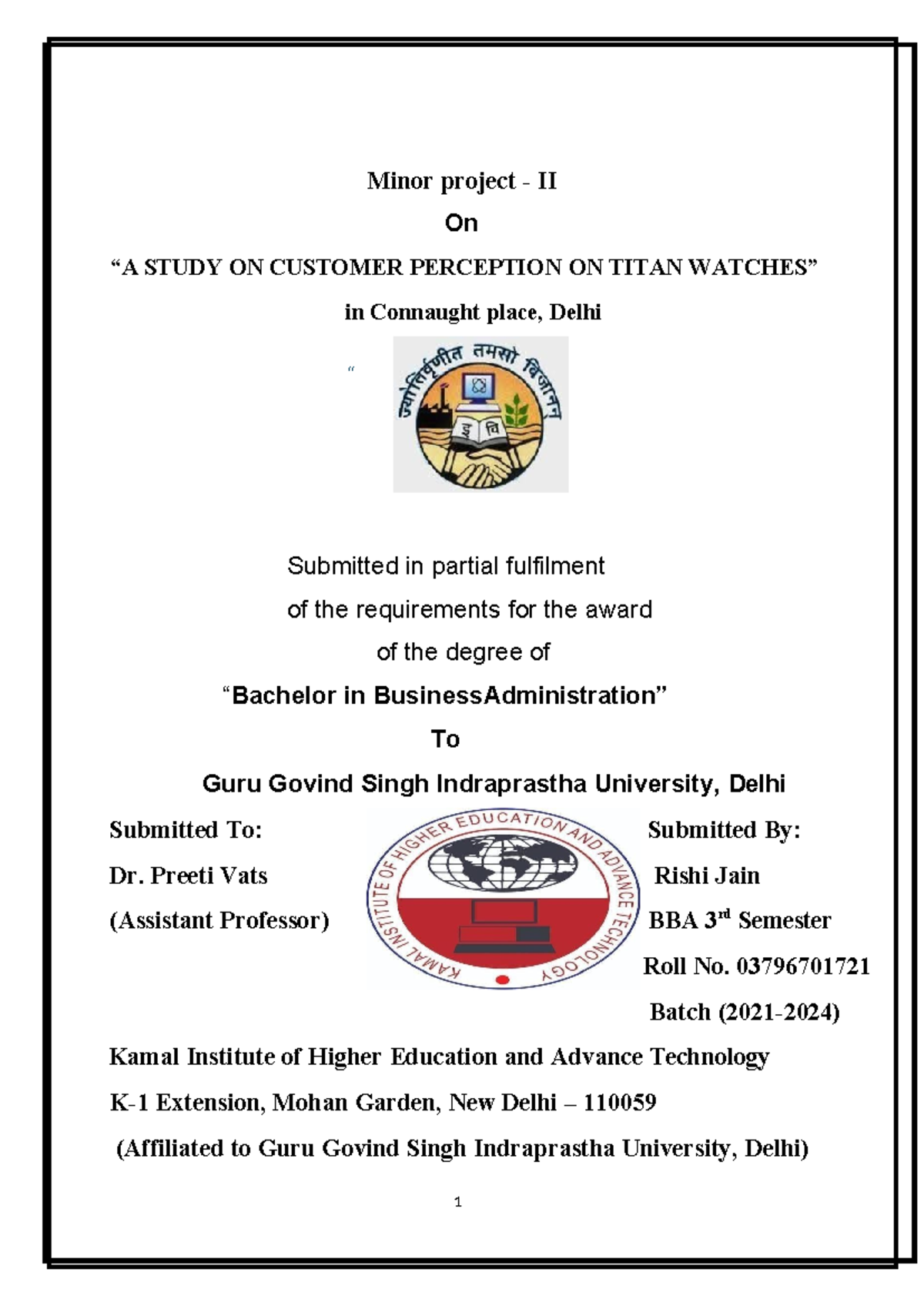 BBA 3rd Sem Minor Project II: Customer Perception of Titan Watches ...