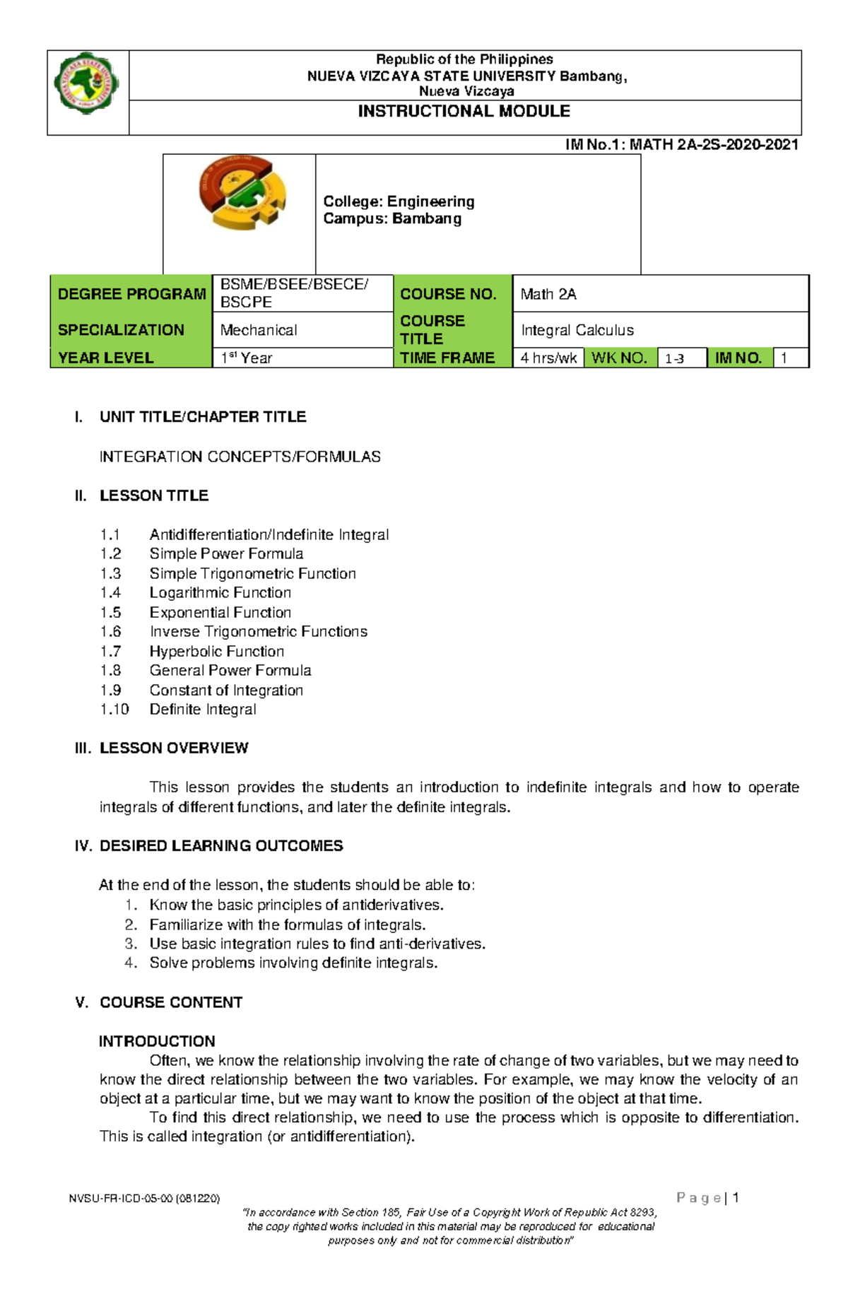 Integral Calculus Lecture Notes Im No Math 2a 2s 2020 Nvsu Fr Icd