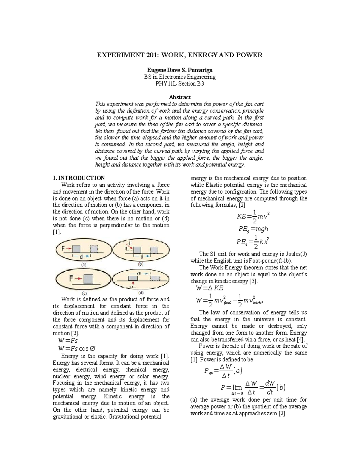 PHY11L-Laboratory Report 1 - EXPERIMENT 201: WORK, ENERGY AND POWER ...