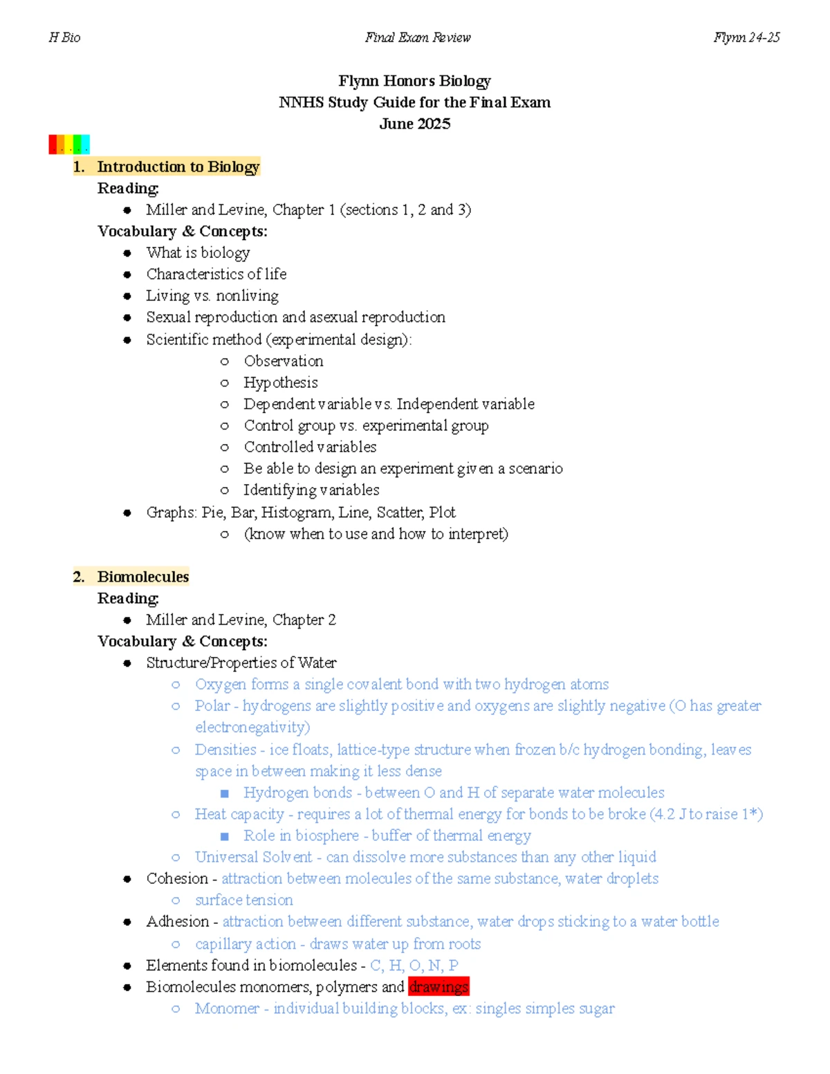 Copy of Honors Biology Study Guide - UNIT 1 – INTRODUCTION TO BIOLOGY ...
