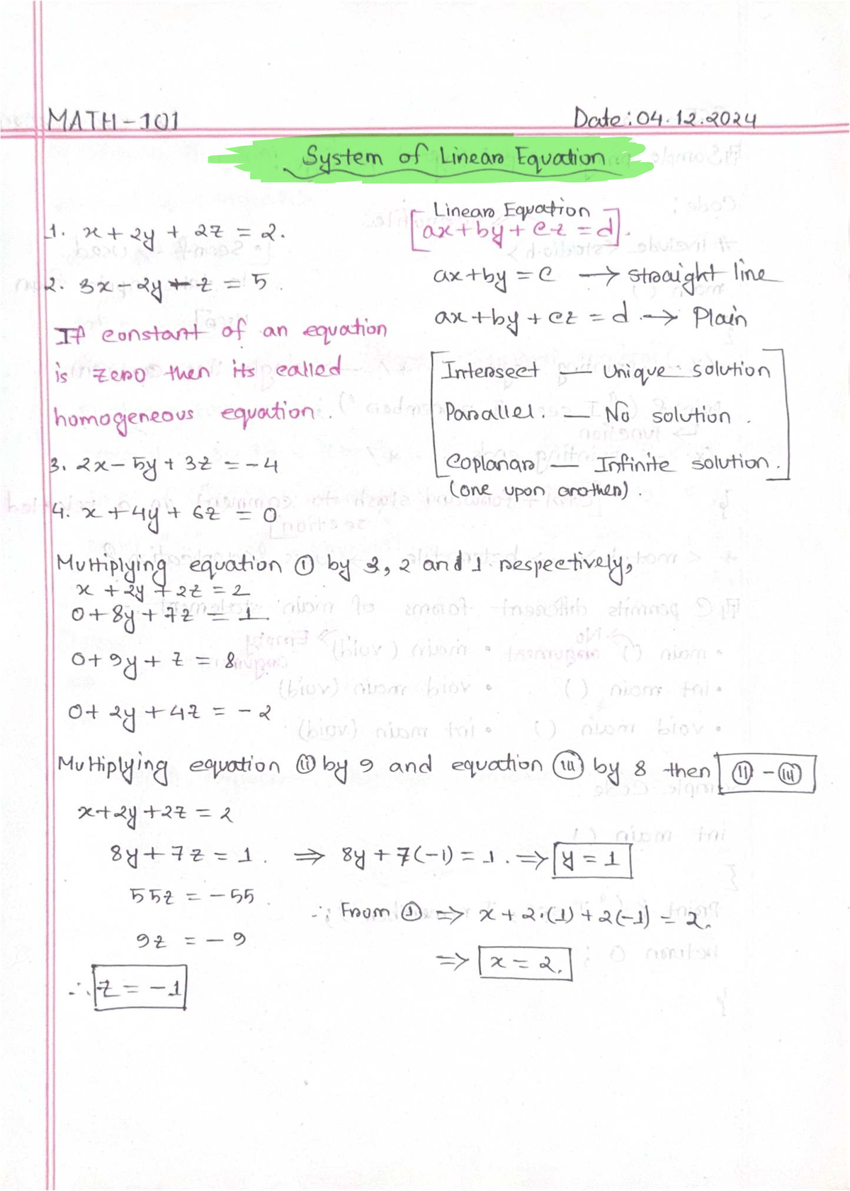 MATH 101 Final Exam Notes on Systems of Linear Equations - Studocu