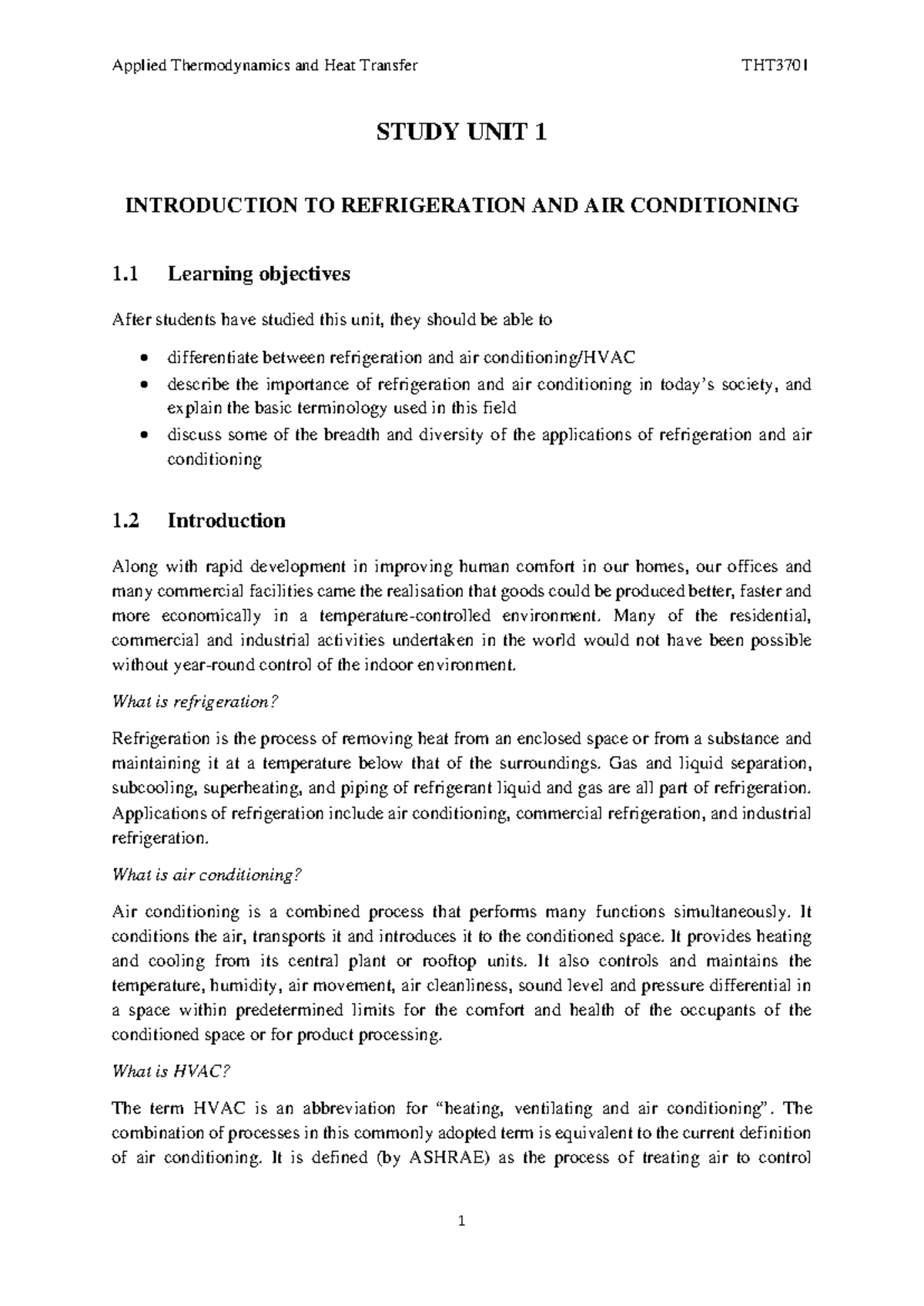 Study UNIT 1: Intro to Refrigeration & AC Technologies and Applications ...