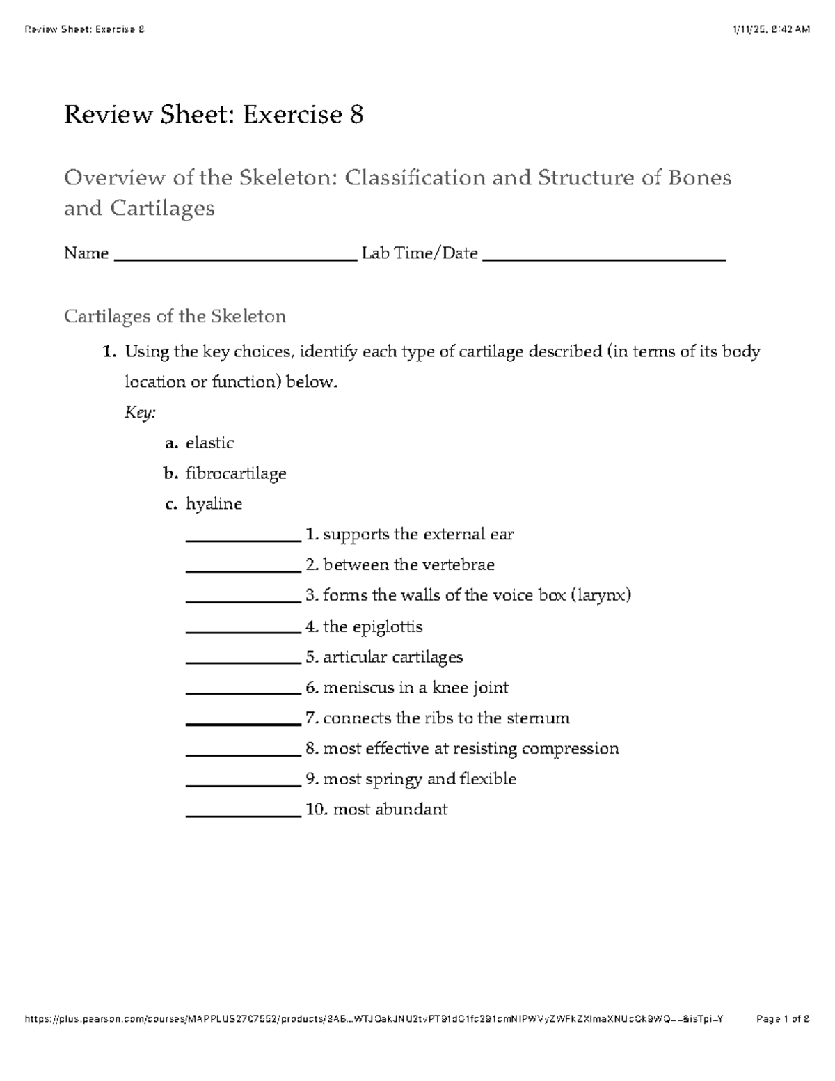 Review Sheet: Exercise 8 - Using the key choices, identify each type of ...