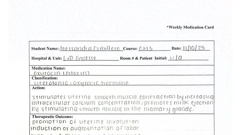 Medication Card: Oxytocin (Pitocin) - CM3 OB/Pediatrics Notes - Studocu