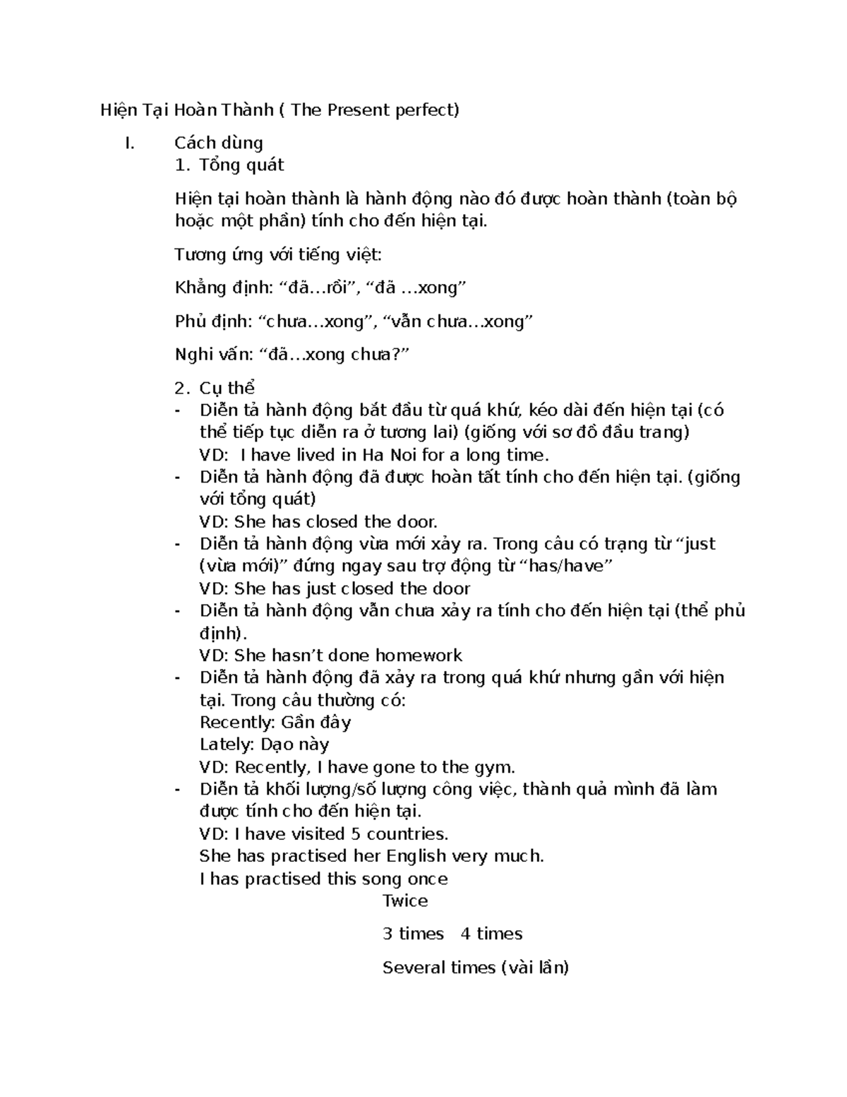 Học về Hiện Tại Hoàn Thành (The Present Perfect) - Studocu