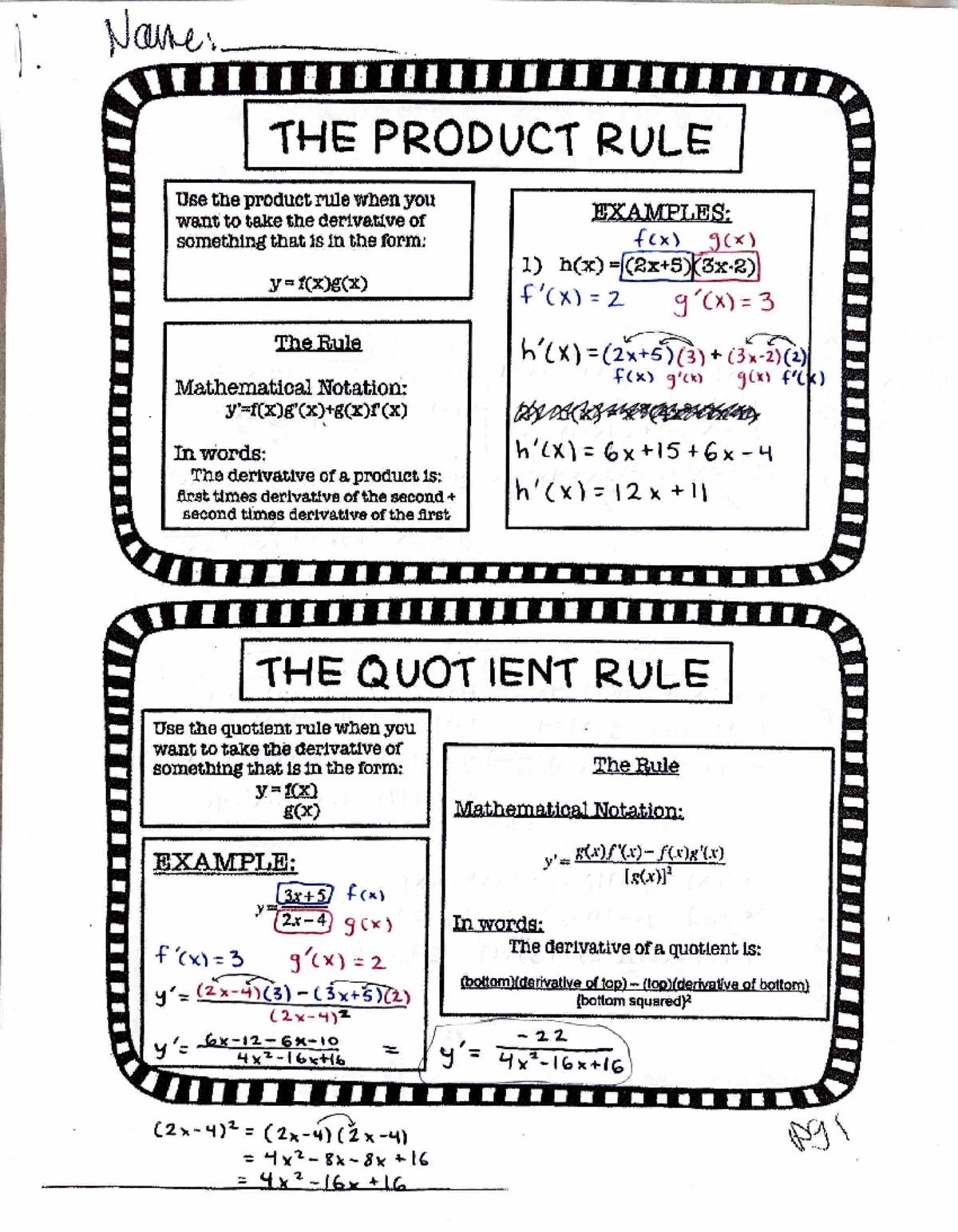 Calc Quotient Rule Completed Notes & Practice - Name: THE PRODUCT RULE ...