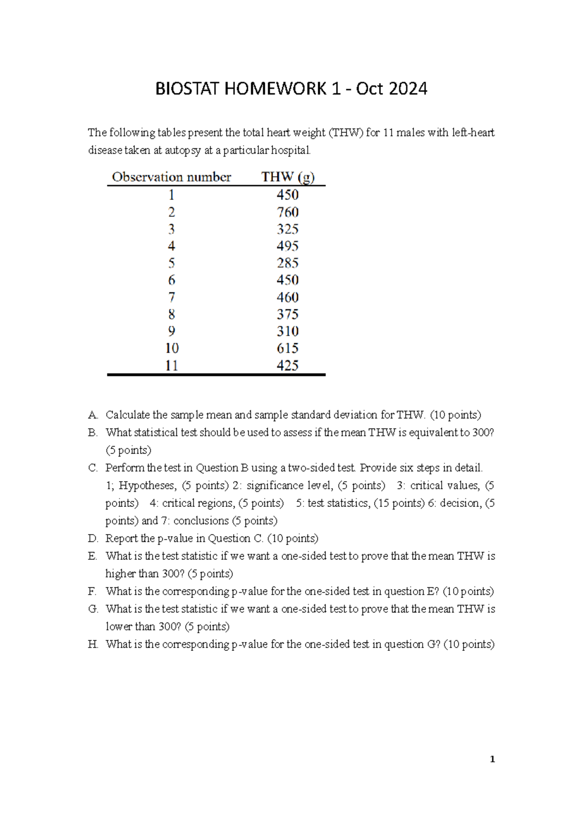 Biostat HW 1: t-Test Analysis for Heart Weight - Oct 2024 - Studocu