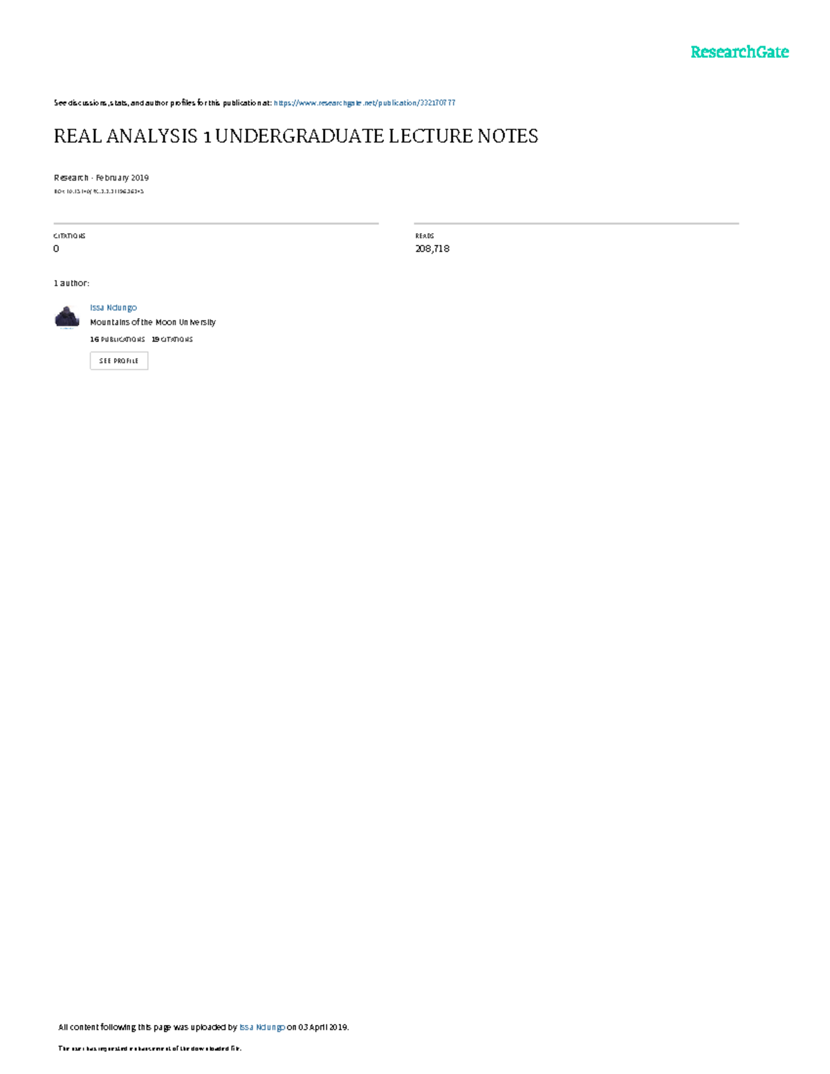 REAL ANALYSIS 1 UNDERGRADUATE LECTURE NOTES - NDUNGO ISSA - Studocu