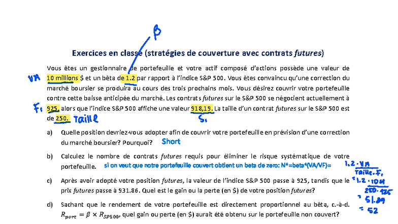 Exercices en classe : Couverture de portefeuille avec contrats futures ...