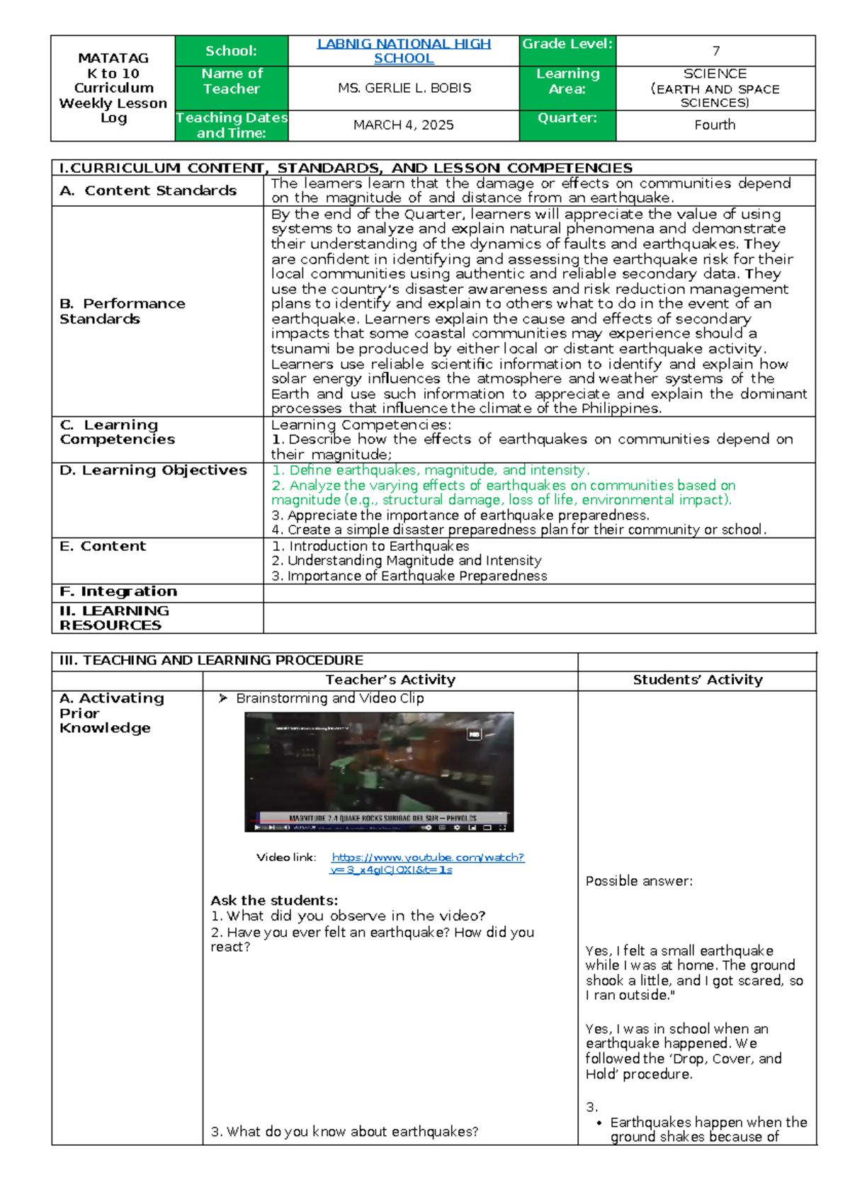 Science 7 Lesson Plan: Understanding Earthquakes & Their Impacts - Studocu
