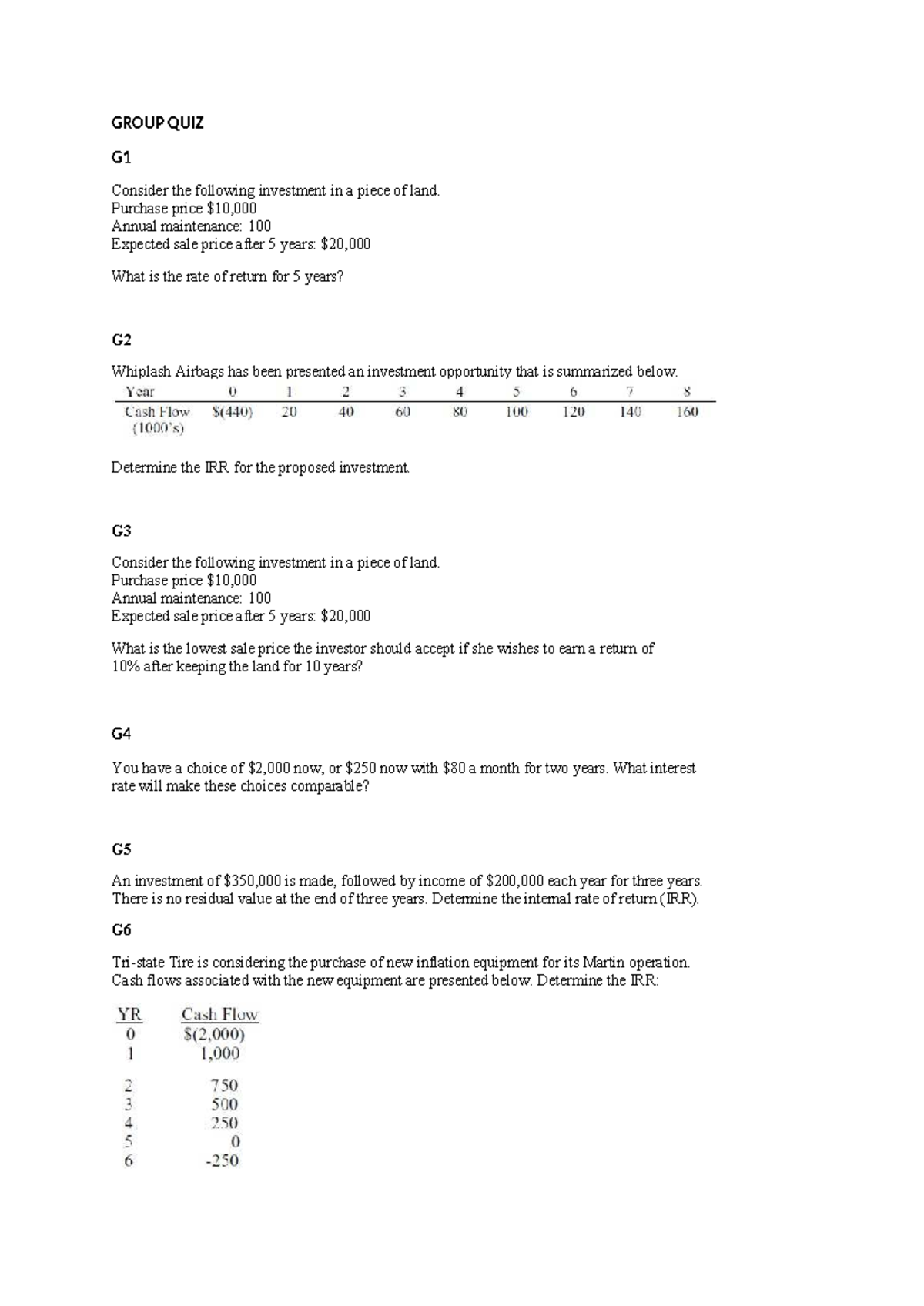 GROUP QUIZ SEM 1 2526: Investment Analysis & IRR Calculations - Studocu