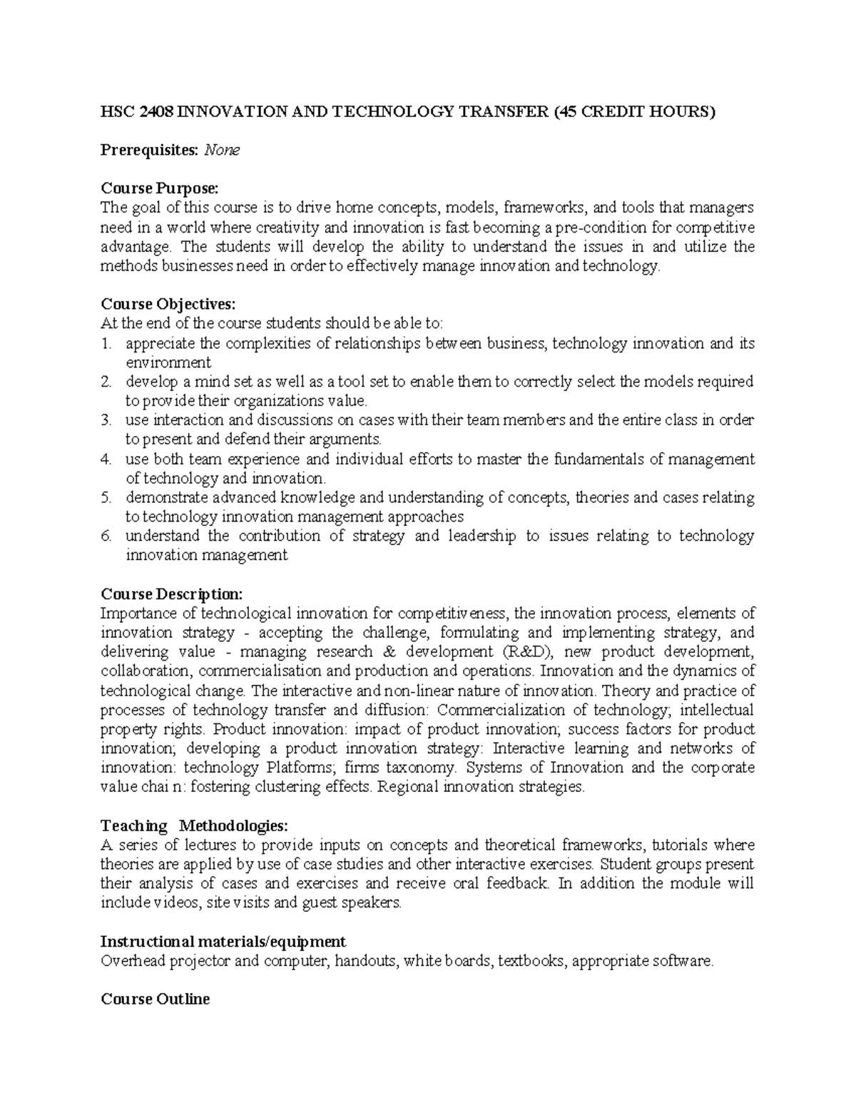 HSC 2408 Innovation & Technology Transfer Course Outline Summary - Studocu