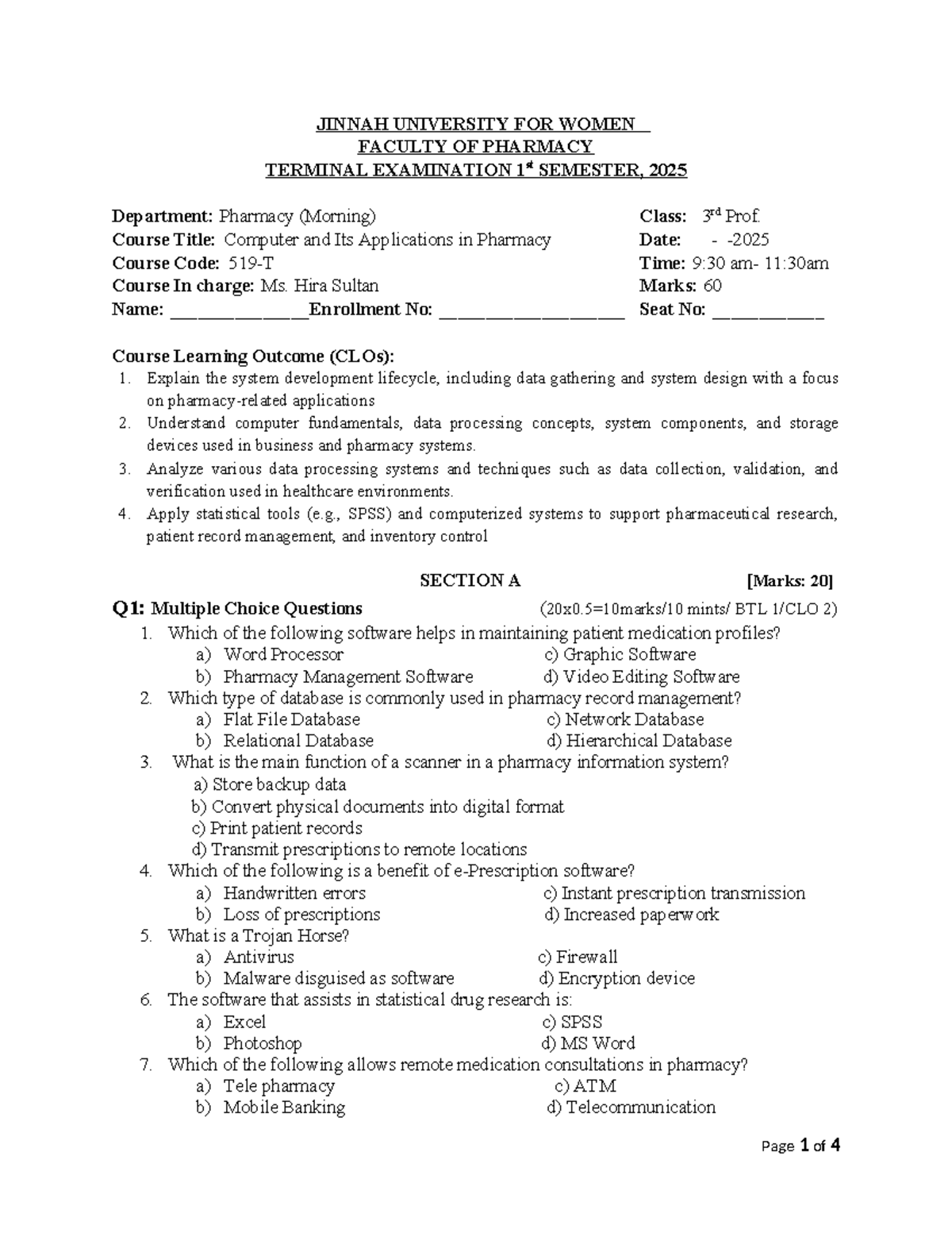 Computer Applications in Pharmacy - Terminal Exam (Pharm 1st Sem 2025 ...