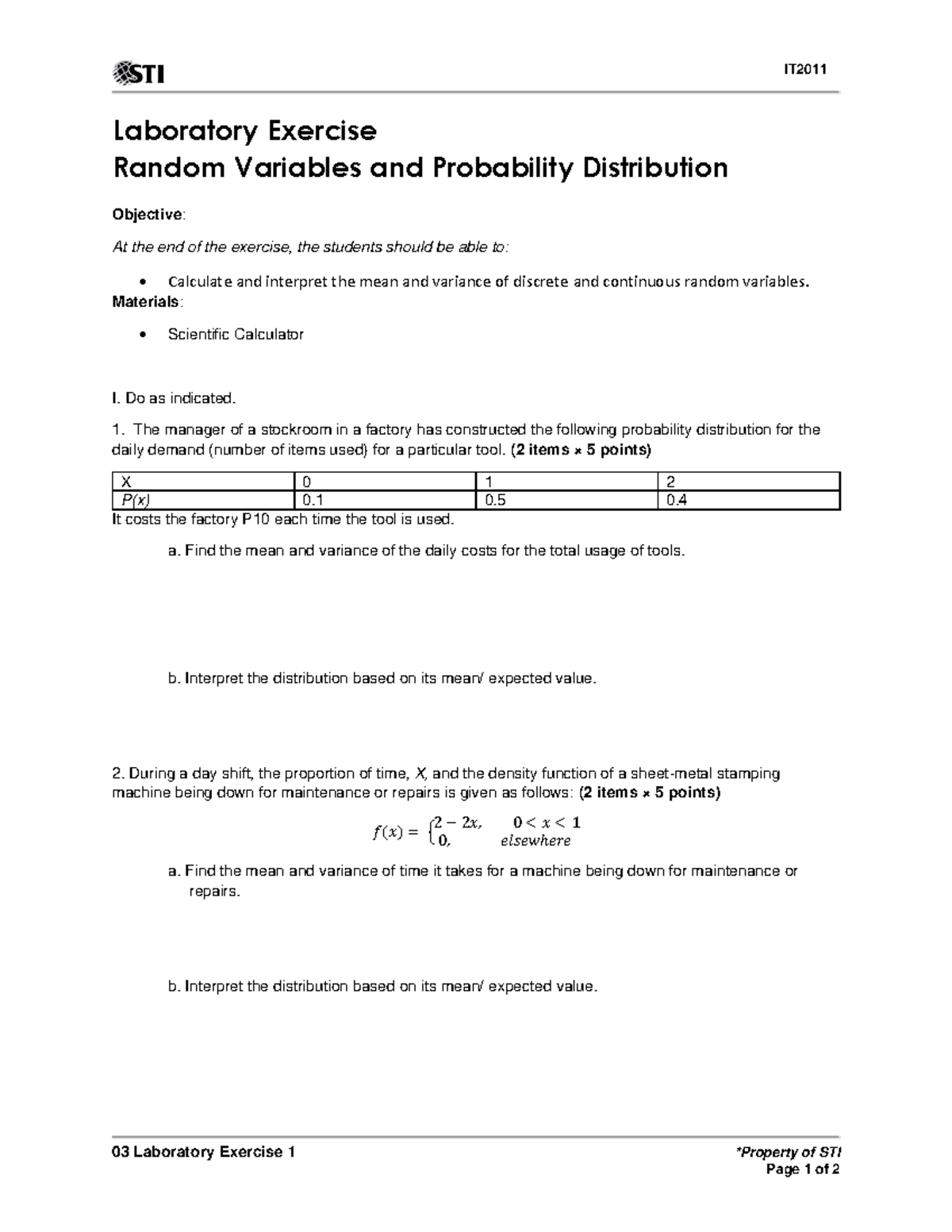 03 Lab Ex 1: Random Variables & Probability Dist. Analysis - Studocu