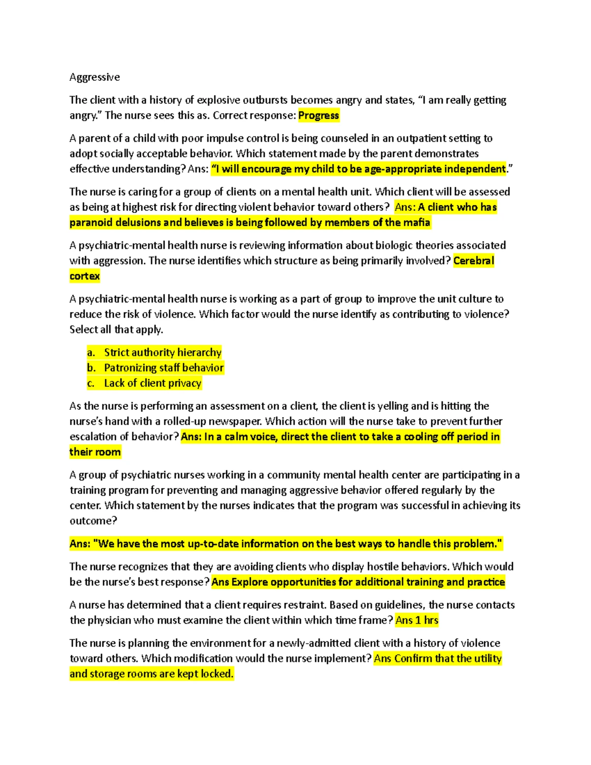 Mental Health Aggression: Key Concepts and Nursing Interventions - Studocu