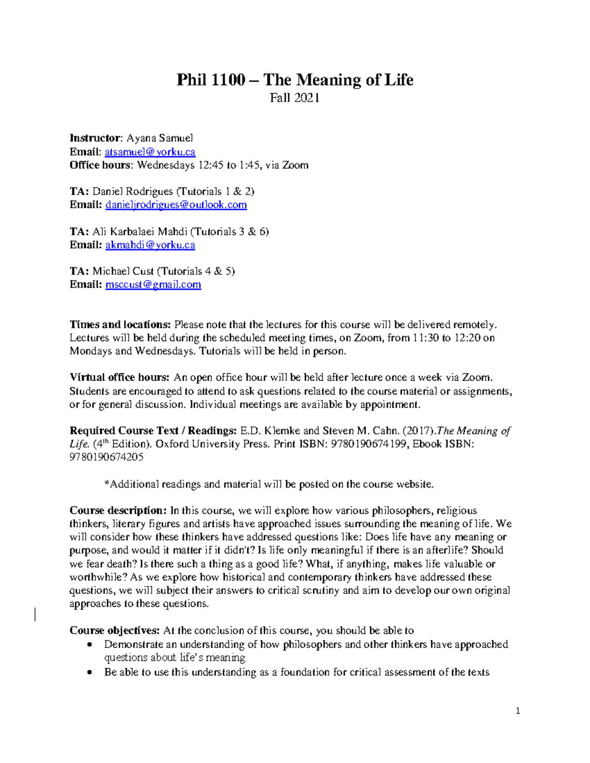 Phil 1100 Syllabus: The Meaning of Life - Fall 2021 Course Guide - Studocu