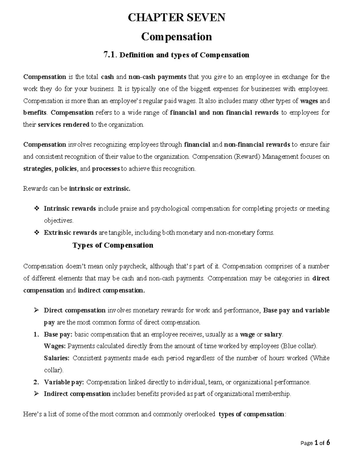 CHAPTER 7 HRM: Understanding Compensation Types and Importance - Studocu