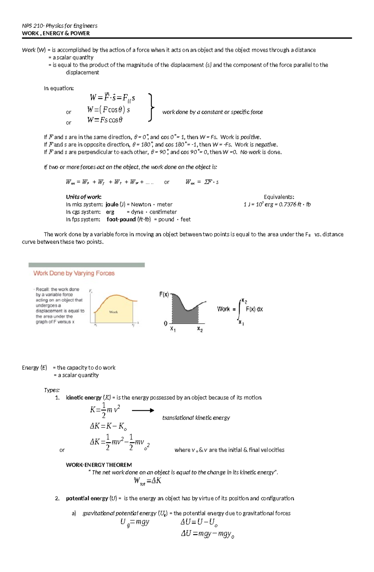 Lesson-5 - physics - NPS 210- Physics for Engineers WORK , ENERGY ...