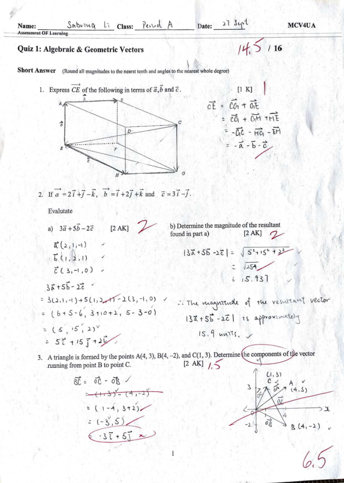 MCV4UA Quiz 1: Algebraic Geometric Vectors Short Answer - Studocu