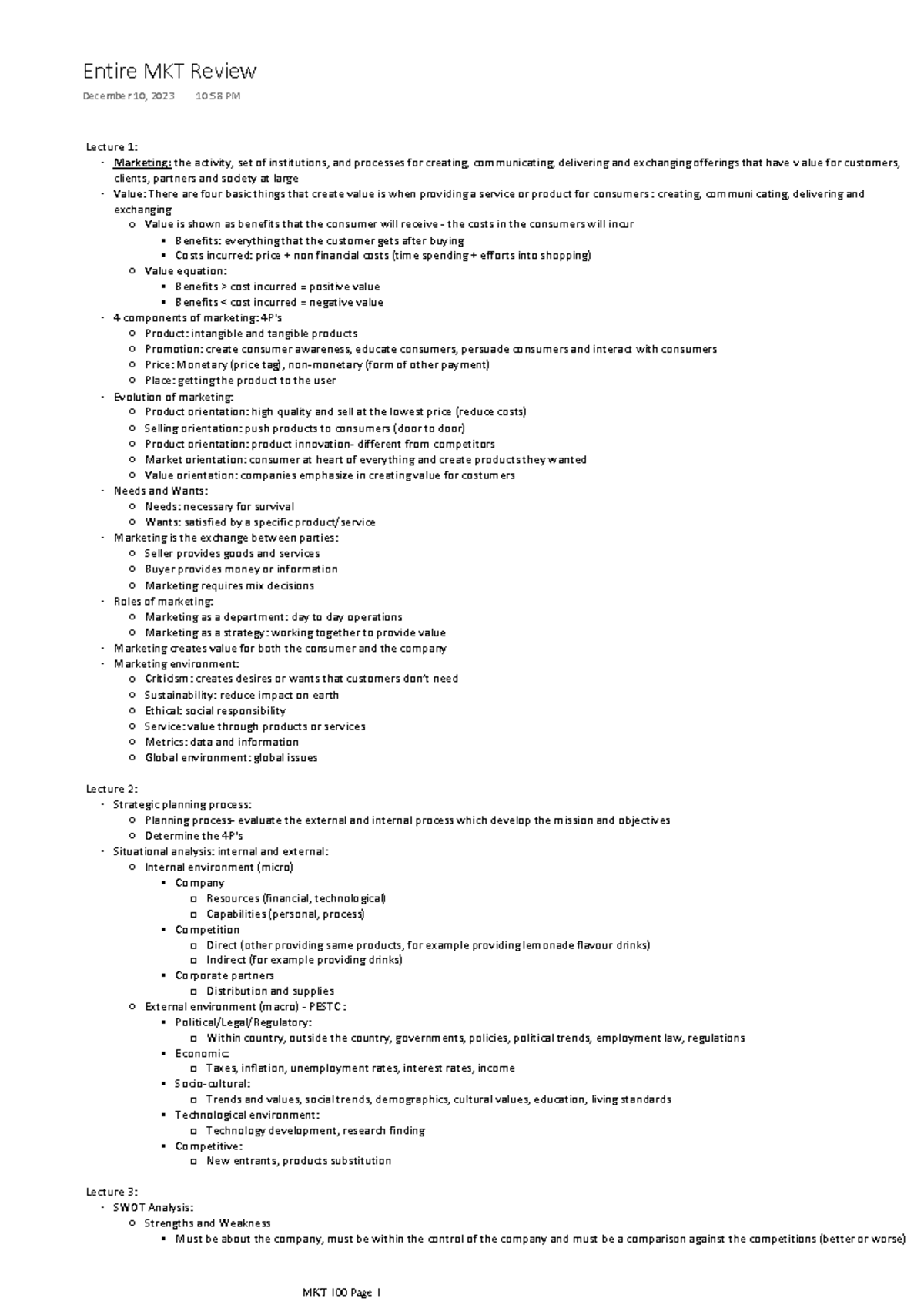 MKT 100 All Notes - Lecture 1: Marketing: the activity, set of ...
