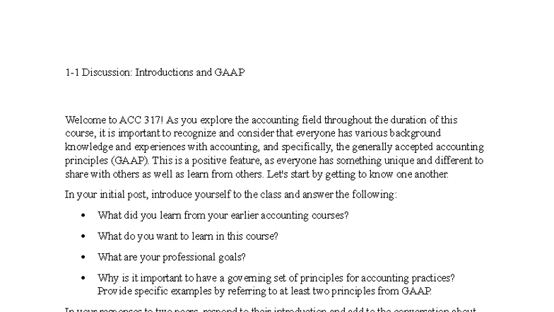 ACC 317 Module 1 Discussion: Introductions & GAAP Principles - Studocu