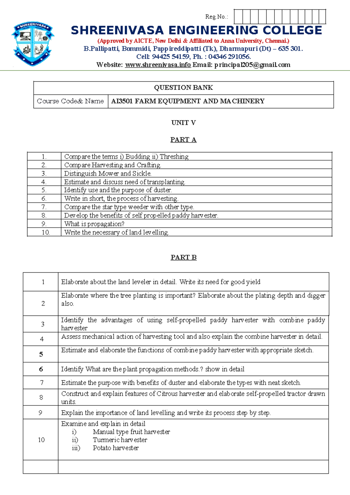 AI3501 Farm Equipment & Machinery - Unit V Question Bank - Studocu